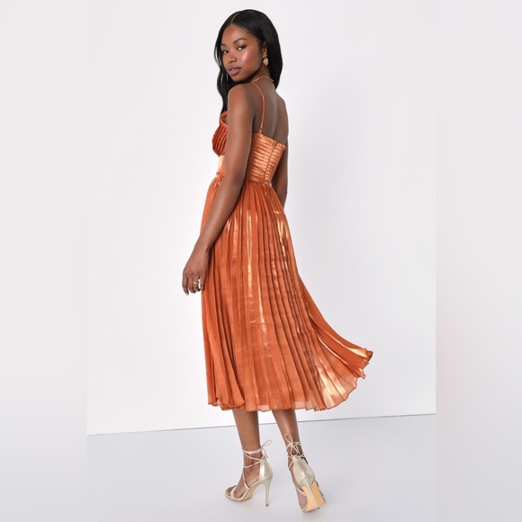 Lulus | Dresses | Lulus Romantic Aesthetic Shiny Rust Orange Pleated ...